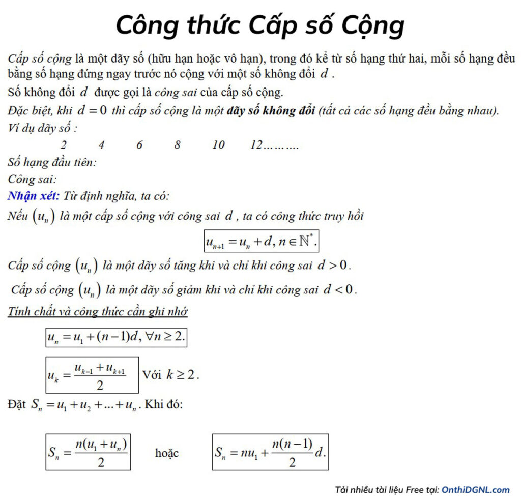 Công thức Cấp số Cộng đầy đủ - Ôn thi ĐGNL